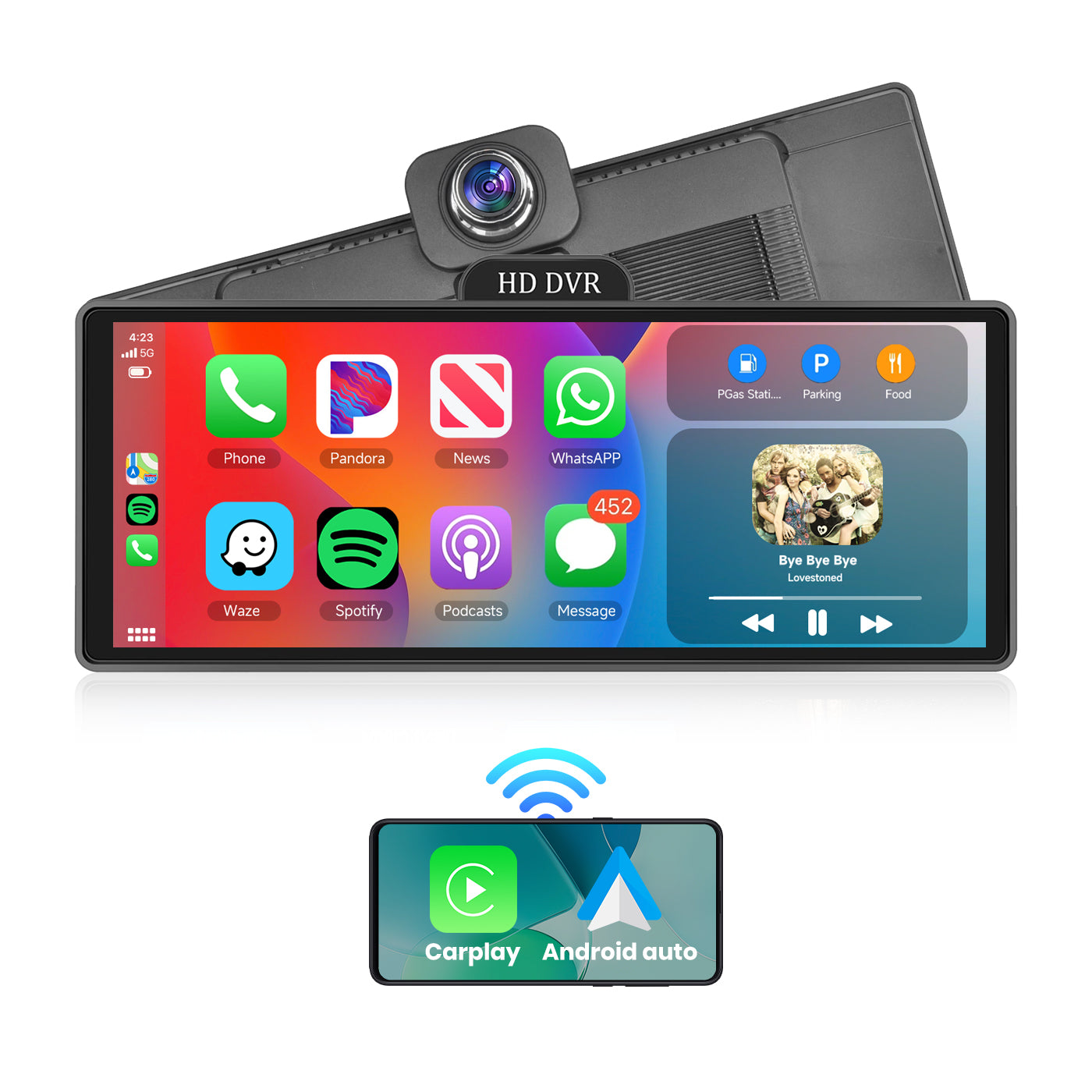 PODOFO 10.26 Inch Wireless Portable CarPlay Screen with 4K Dash Cam, H