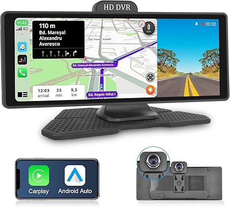 PODOFO 10.26'' Wireless Apple Carplay & Android Auto with 4K Dashcam,