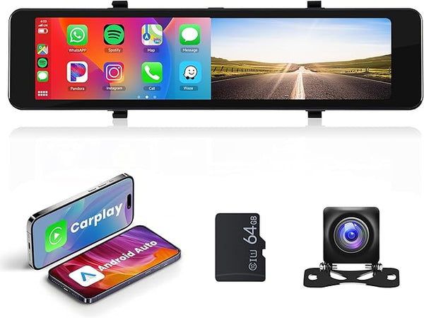 PODOFO 10.26'' Wireless Apple Carplay & Android Auto with 4K Dashcam,