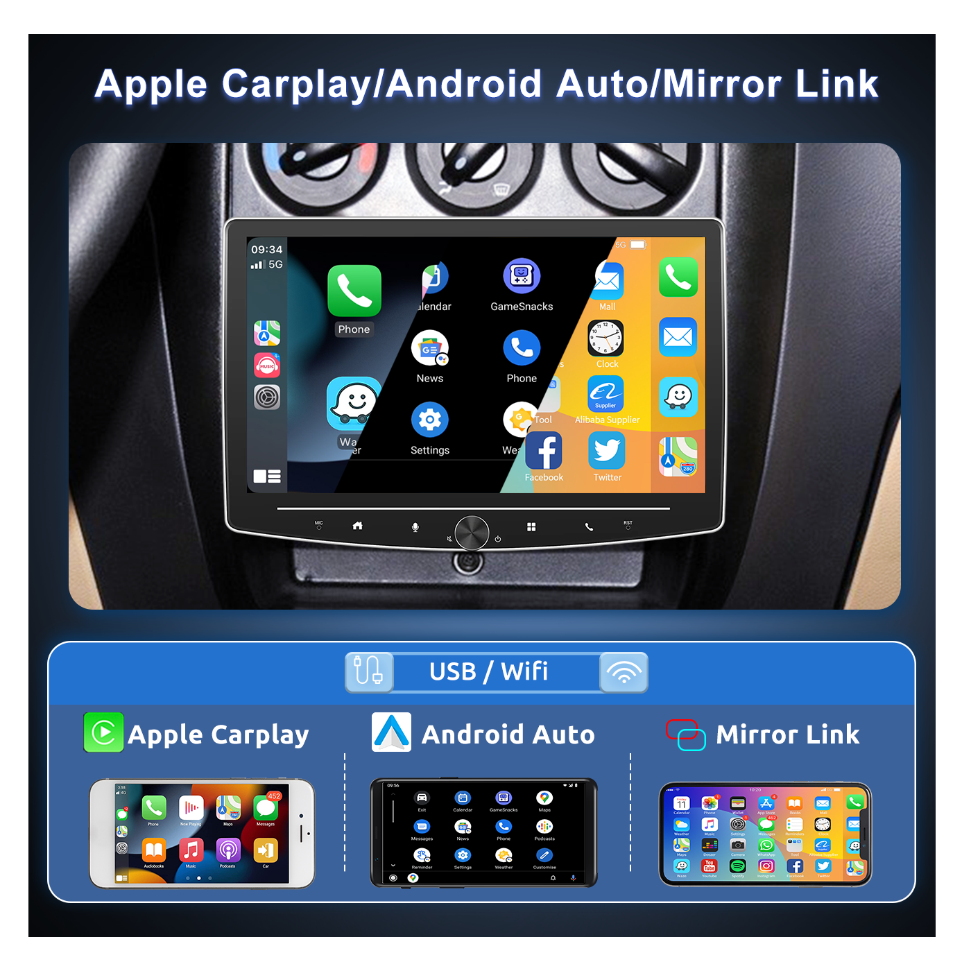PODOFO 10 Inch Single Din Car Stereo with Apple CarPlay & Android Auto