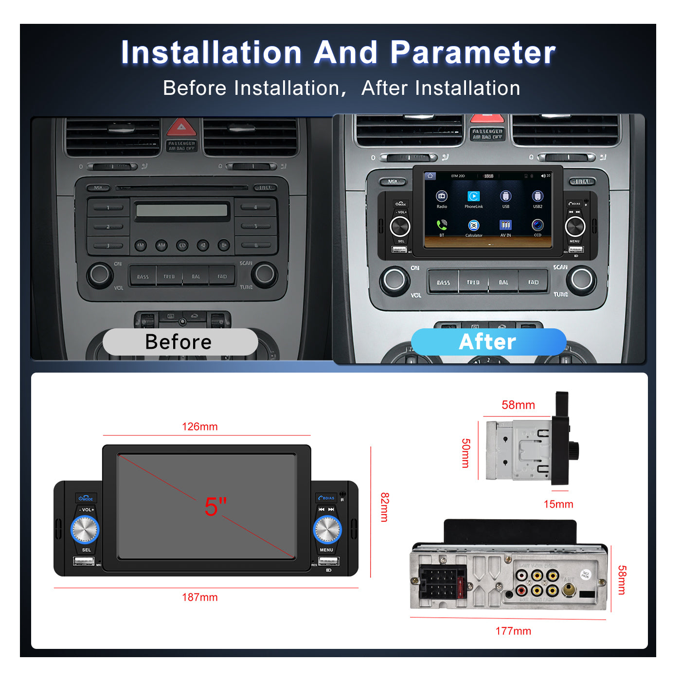 PODOFO 5 Inch Touchscreen Single Din Car Stereo Radio, MP5 Player with