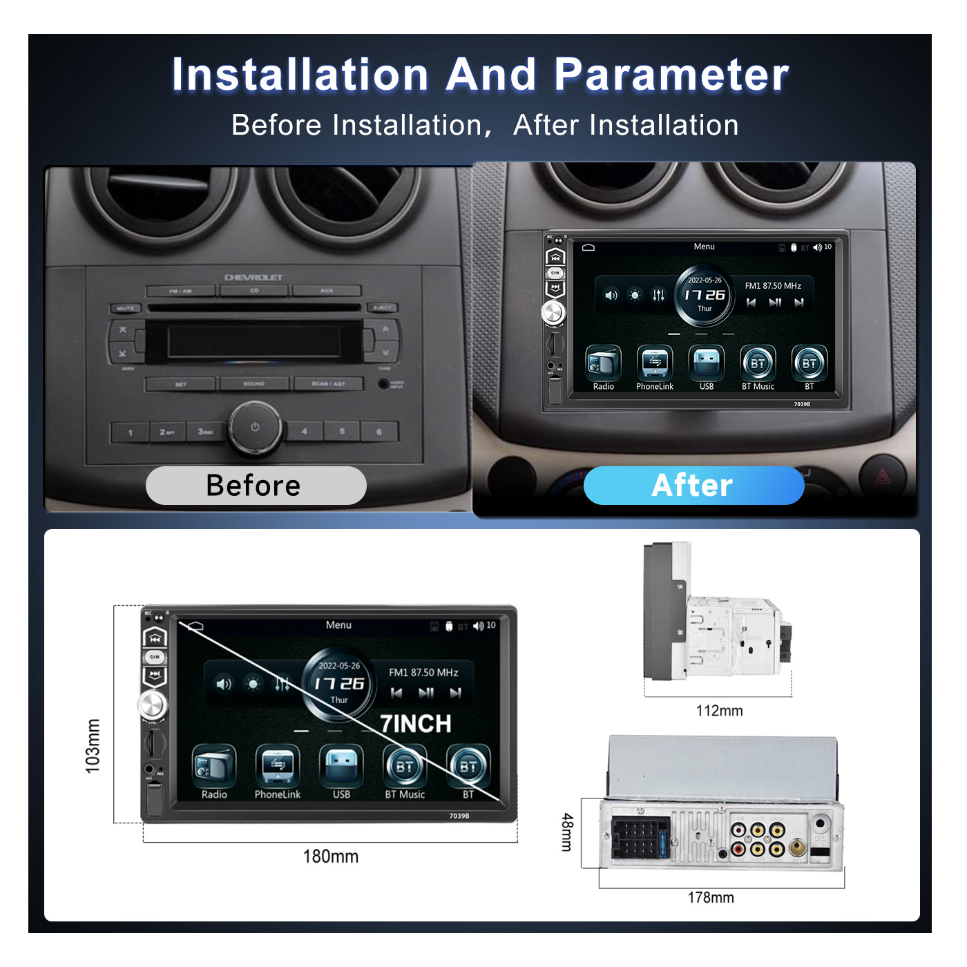 PODOFO CarPlay & Android Auto Single Din Car Stereo Radio with 7 Inch