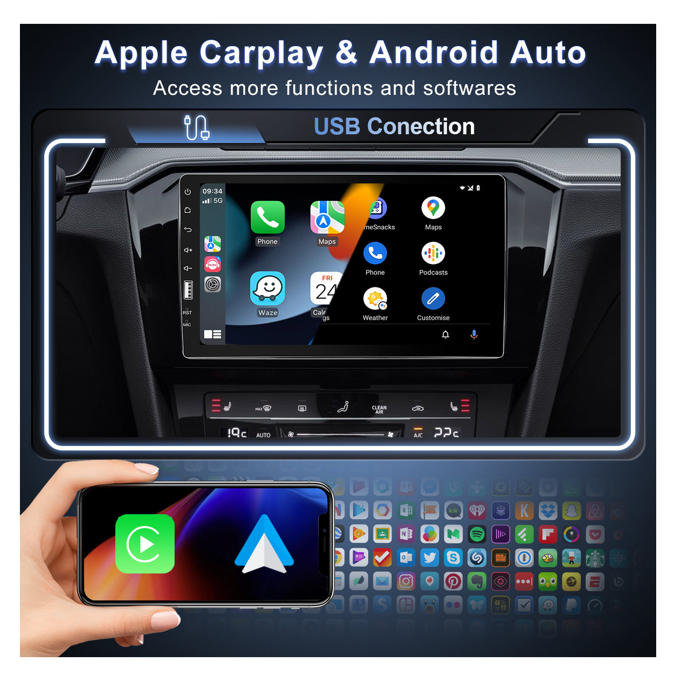 PODOFO CarPlay & Android Auto Single Din Car Stereo Radio, 9 Inch Touc